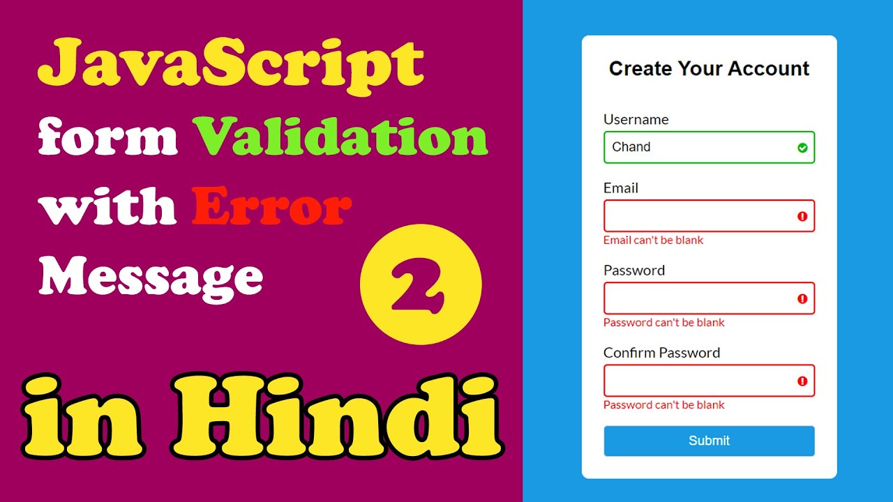 Javascript Form Validations with Error Message in Hindi 2021 || Part 2