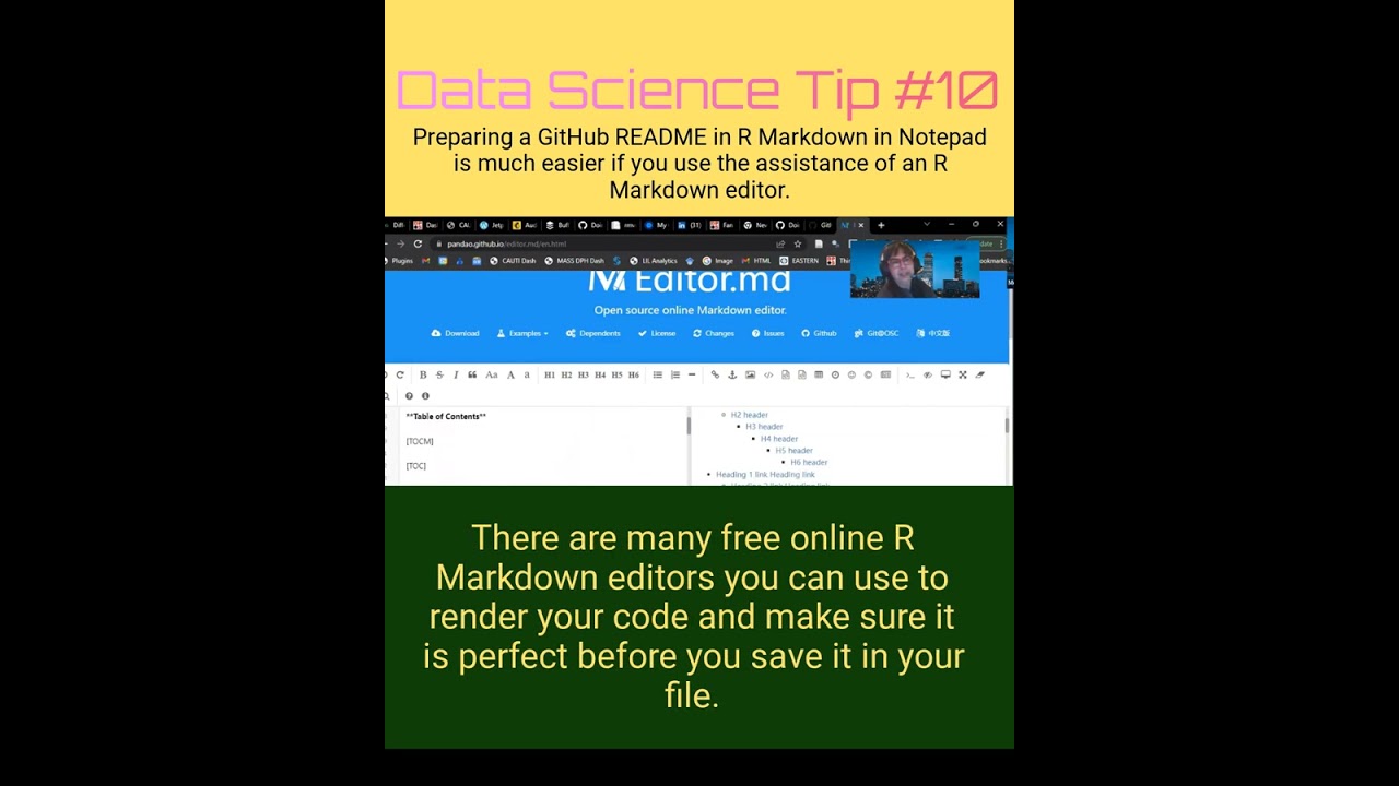 Data Science Tip #10. Use an online R Markdown editor when preparing a GitHub README in Notepad.