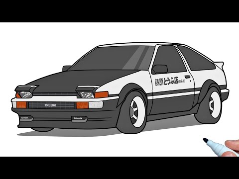 How to draw a TOYOTA COROLLA AE86 HACHIROCU Initial d | Drawing toyota trueno ae86 step by step