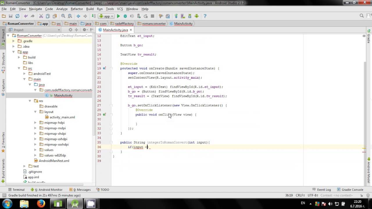 Develop simple Integer to Roman number converter in Android Studio