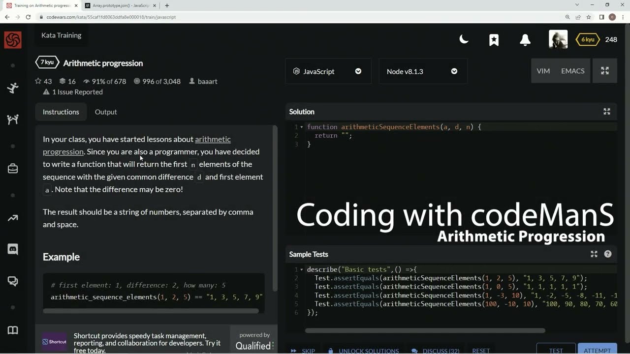Codewars 7 kyu Arithmetic Progression JavaScript