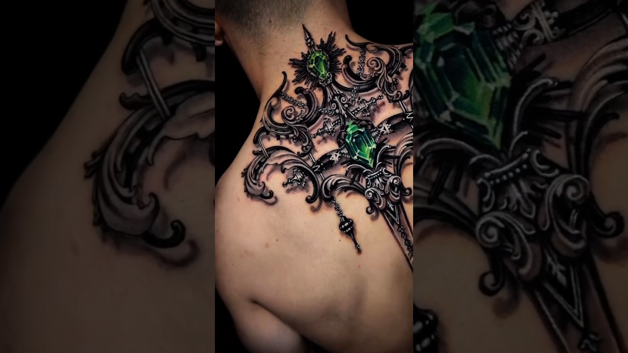 Color realistic emerald sword neck back tattoo artist Ryan Ashley #tattooartist #tattooprocess