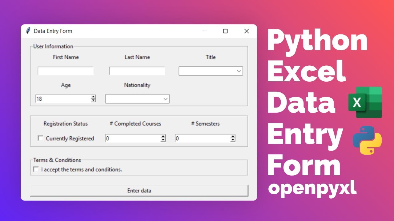 Python Excel Data Entry Form with Tkinter tutorial for beginners - Python GUI project [openpyxl]