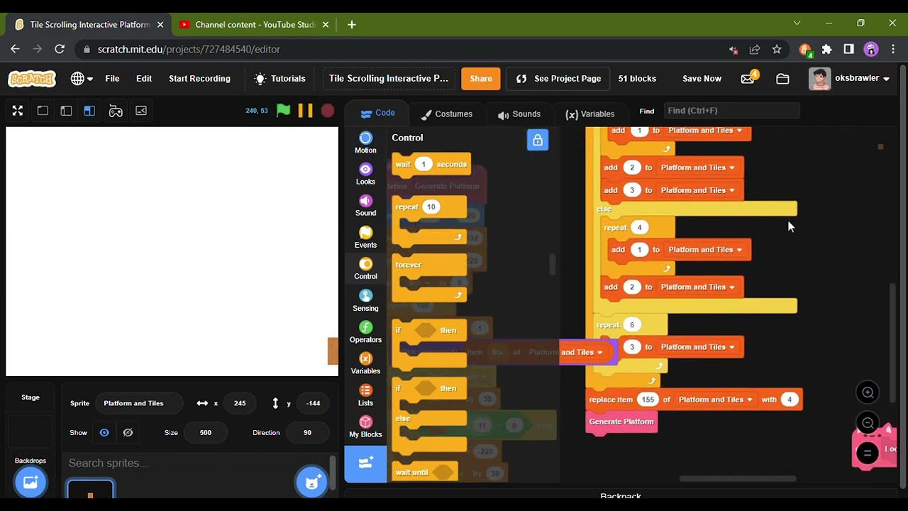 How to make a Tile Scrolling Interactive Platformer game on Scratch Part 1 (Tile Setup and Movement)