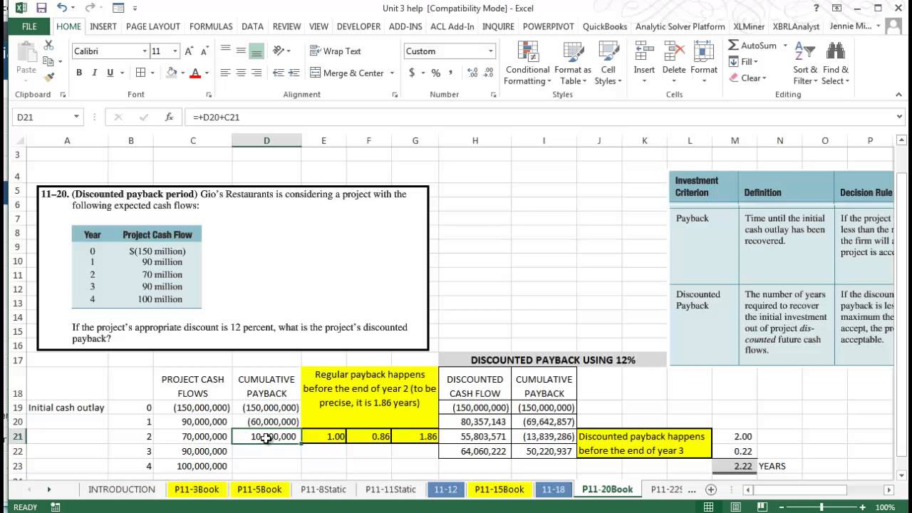 P11-20, Calculate payback and discounted payback period