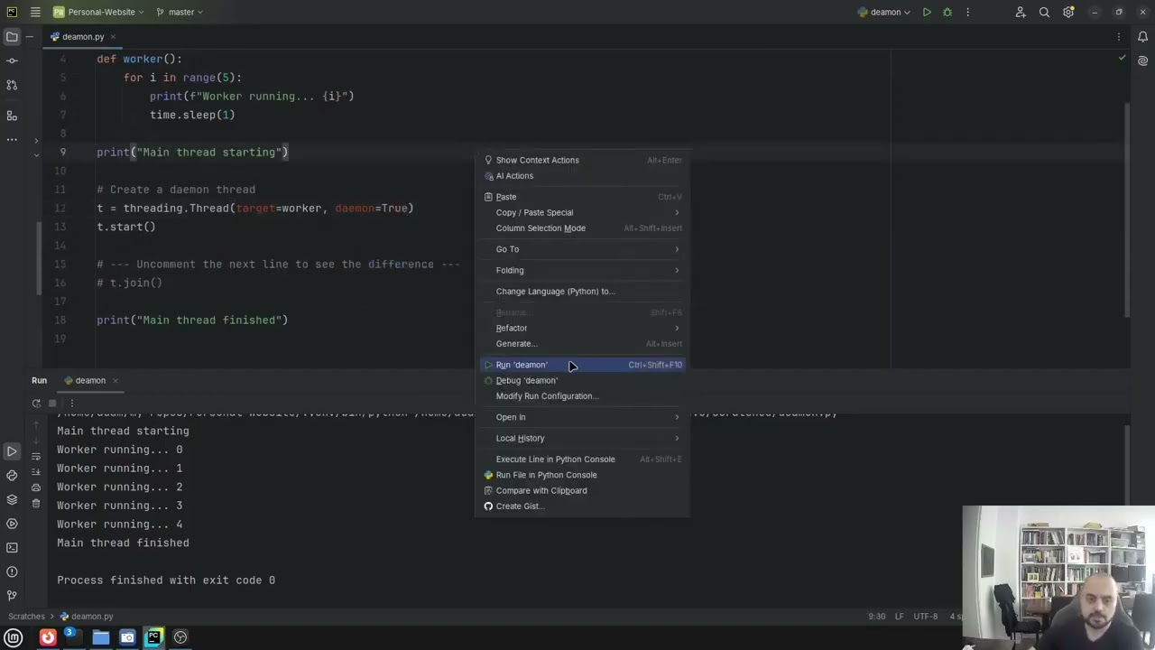 Python Threads: Daemon vs Non-Daemon, Join vs No Join (4 Scenarios Demo)