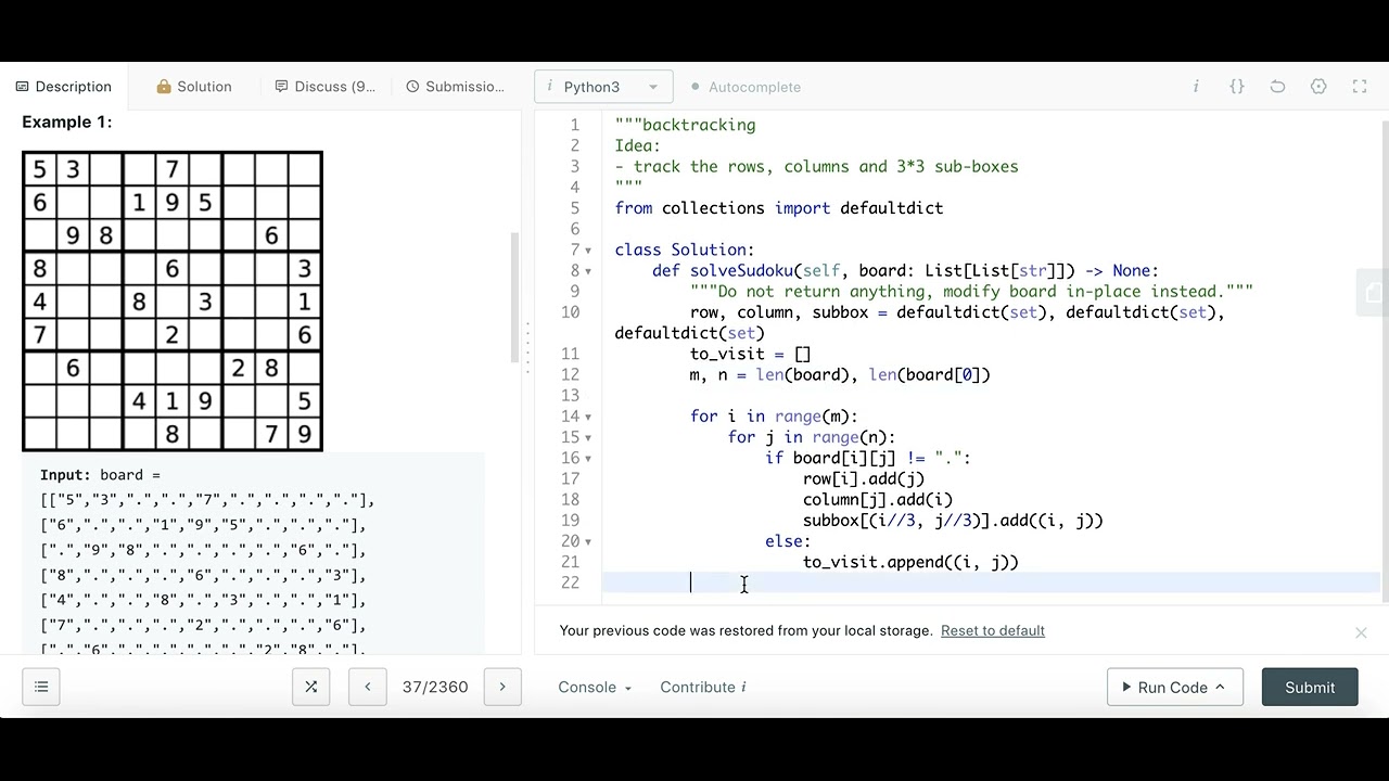 Sudoku Solver - Leetcode 37 - Backtracking - Python