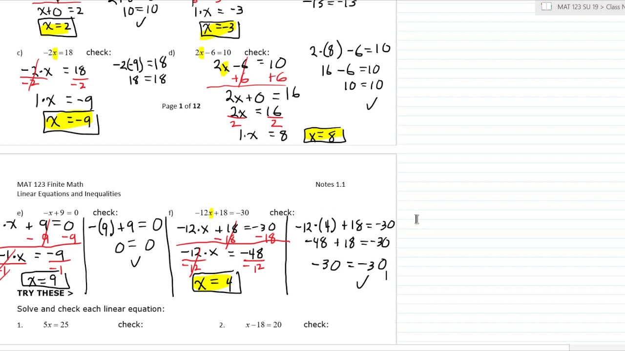 MAT 123 Finite Math Section 1.1 Part 1 Solving Linear Equations