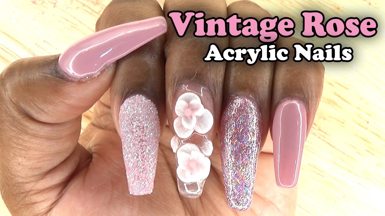Acrylic Nails Tutorial - How To Vintage Rose Nails Sugar Glitter with Nail Forms - Naio Nails