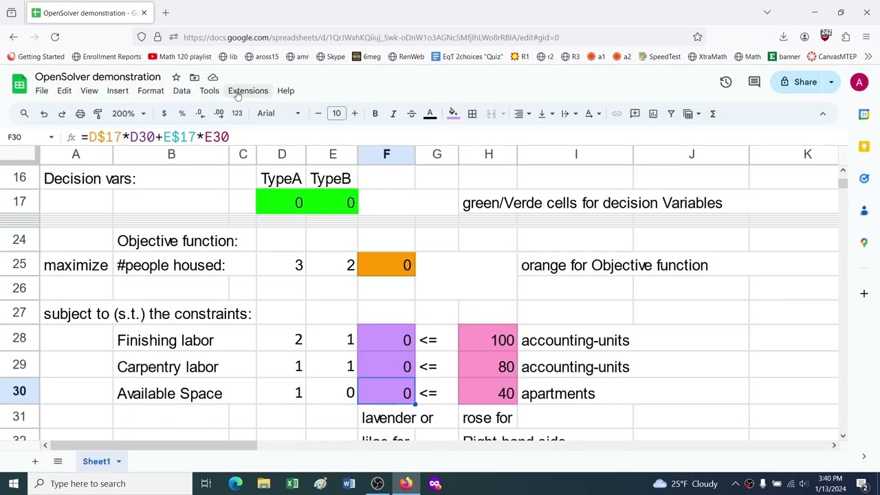 math319 google sheets opensolver tutorial (no audio)