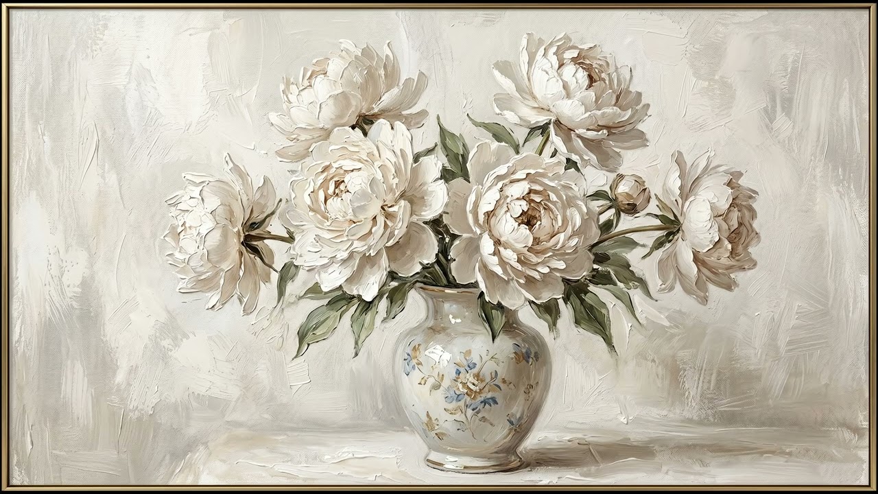 White Peonies in Porcelain Vase - Textured Oil Painting | 1 Hour 4K Framed Art Screensaver for TV