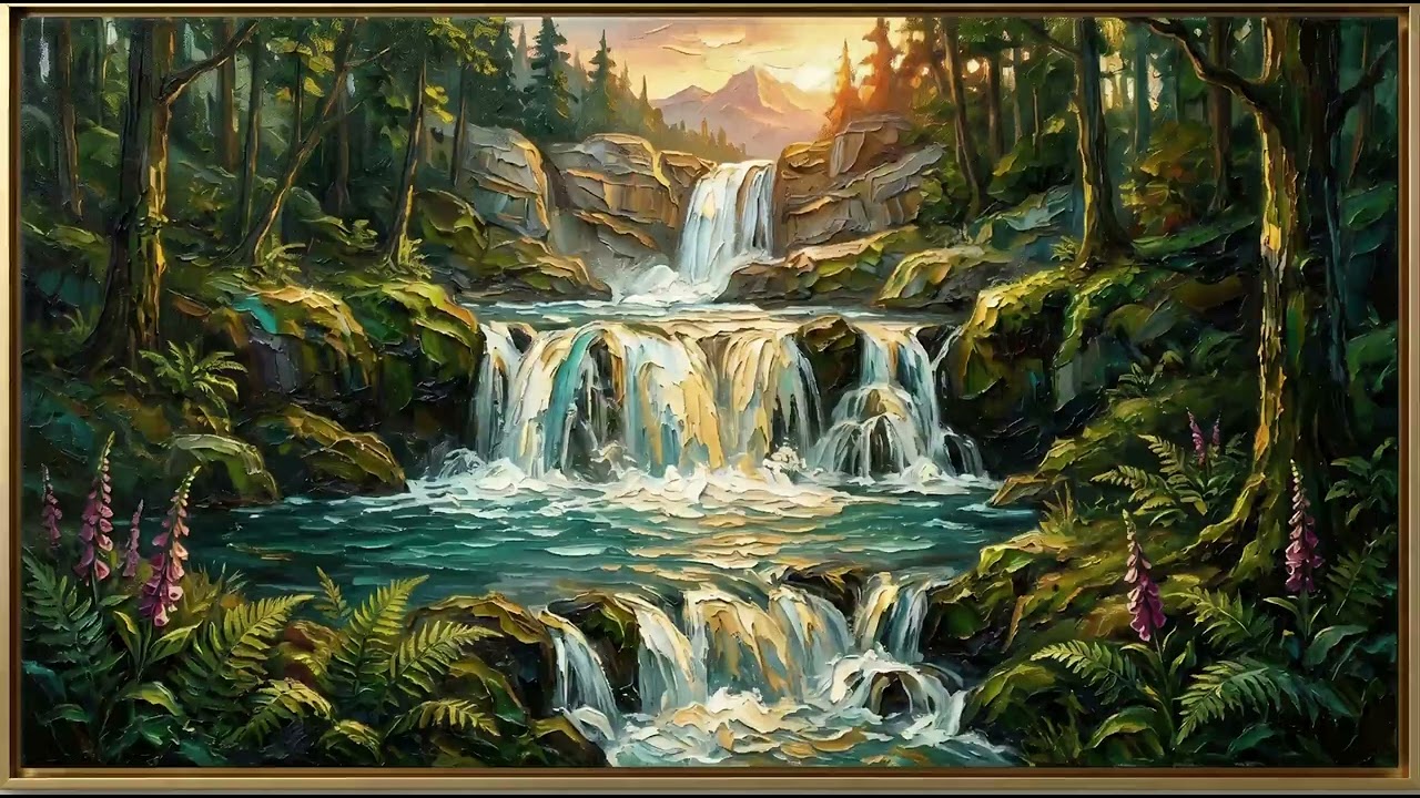 Beautiful Waterfall in the Forest 🎨 Elegant Botanical Oil Painting | Framed TV Screensaver 4K