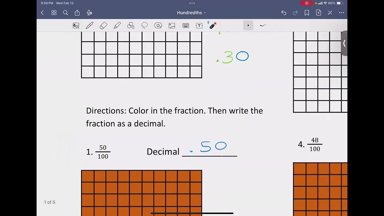 Identifying Hundredths with Visuals and in Number Form (Decimal Worksheet and Review)