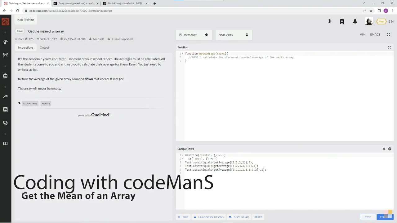 Codewars 8 kyu Get the Mean of an Array JavaScript