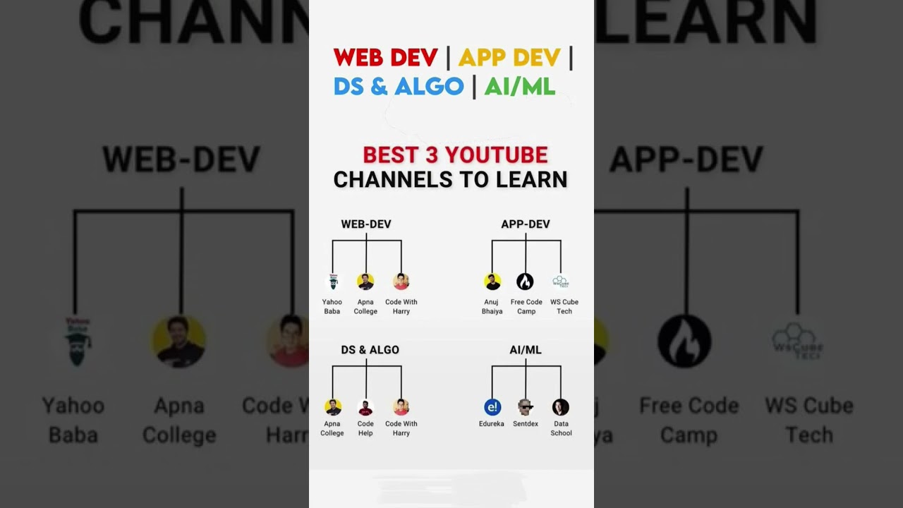 Top 3 YouTube Channels to Learn Web Dev 🌐 | App Dev 📱 | DSA ⚙️ | AI/ML 🤖 #codenewbies #shorts