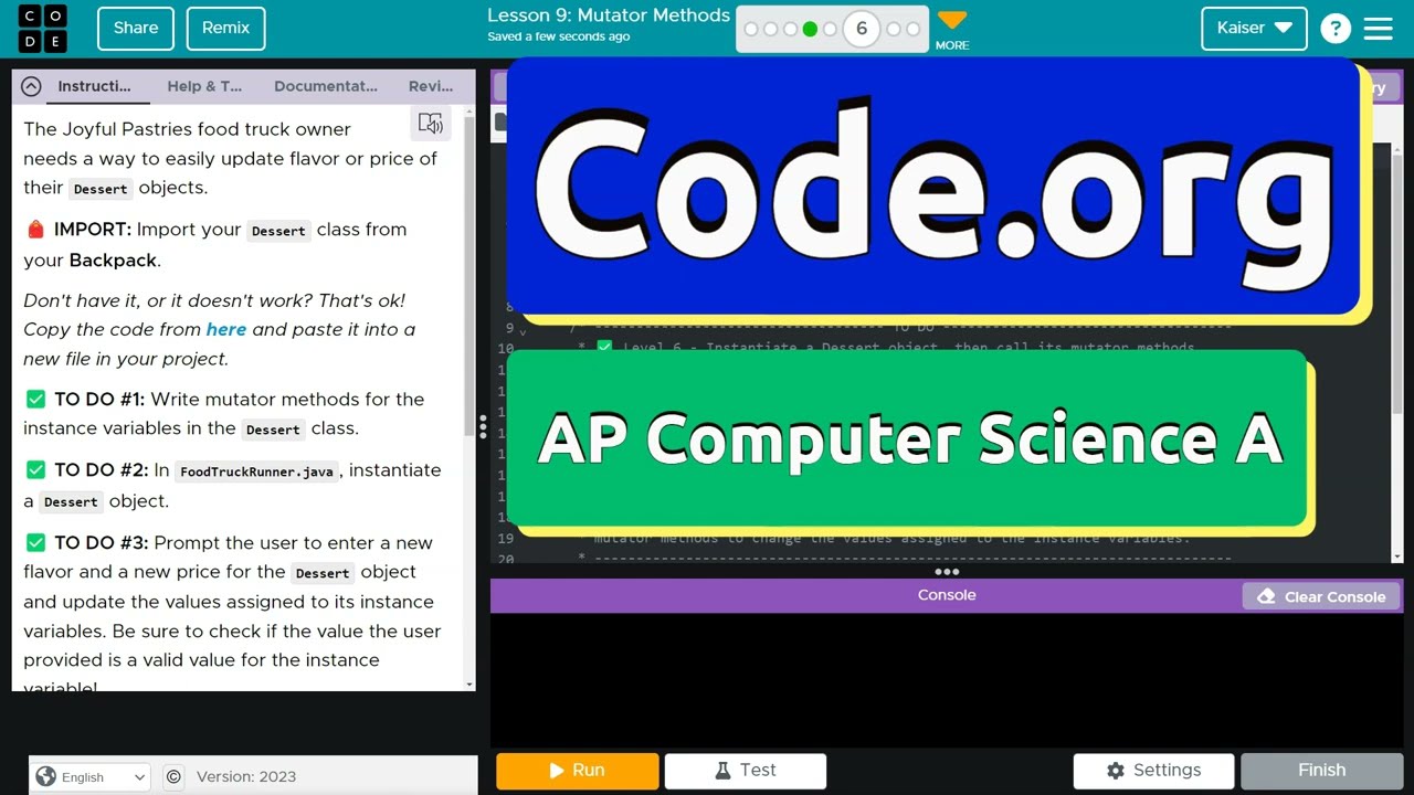 Code.org Lesson 9.6A Mutator Methods | Tutorial with Answers | Unit 2 CSA