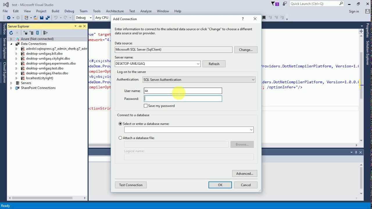 Setting connection string in Visual Studio with MS SQL