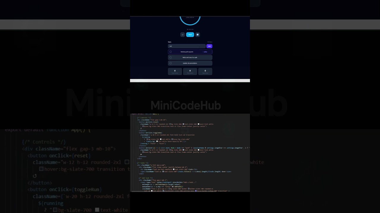 React Pomodoro Timer | SVG Ring & Tasks #ReactJS #WebDev #Frontend #JavaScript #MiniCodeHub