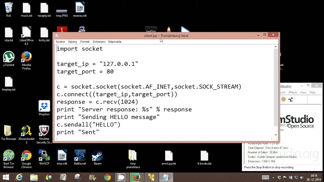 Python script for TCP client server communication