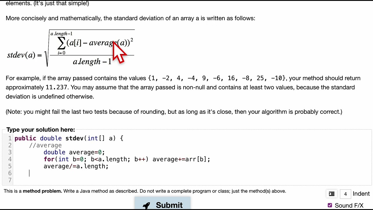 Java Practice It   |   Exercise 7.6: stdev  |   arrays, array basics