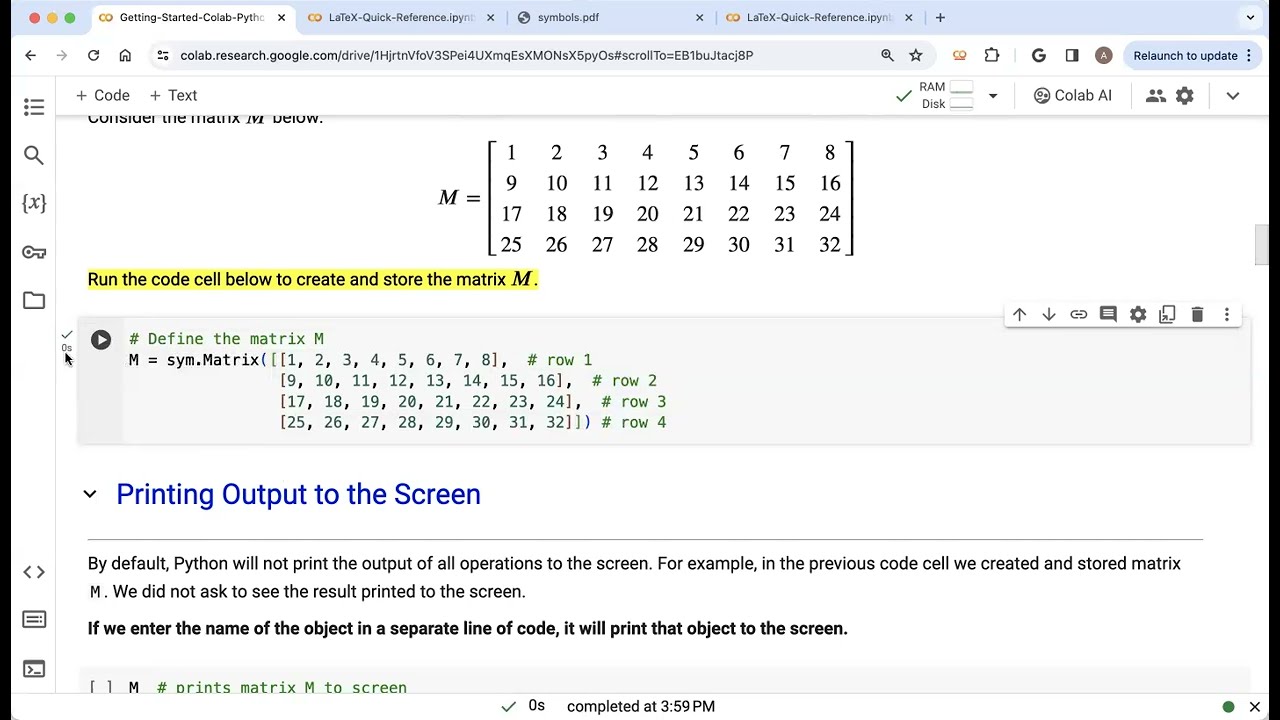 Creating and storing matrices with SymPy