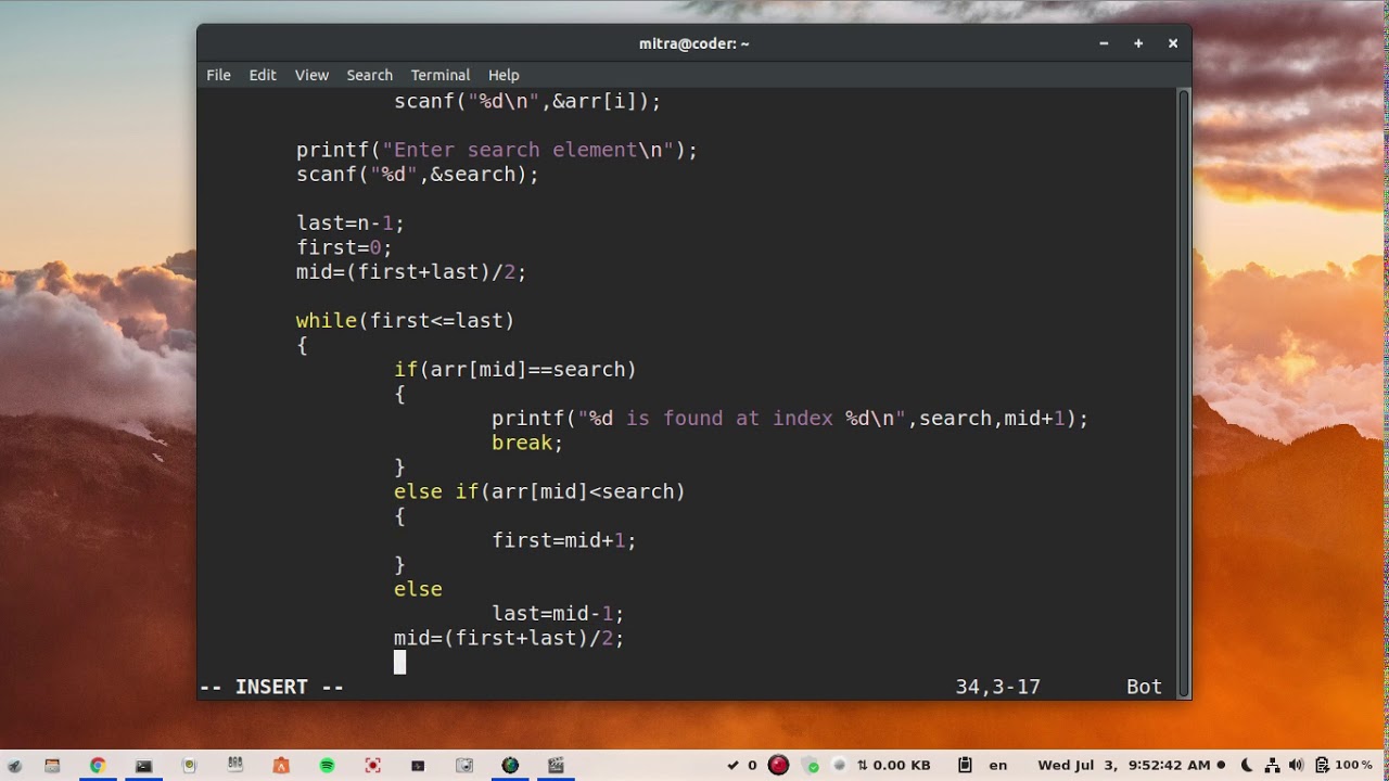 Binary Search using C in UBUNTU/LINUX