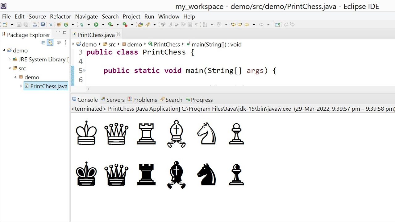 Java Program To Print Chess Pieces | Using Eclipse IDE