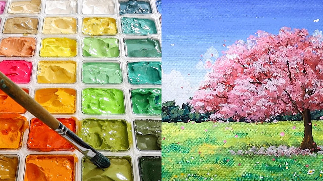 Simple & Easy Pink Tree Gouache Painting For Beginners ##37｜Oddly Satisfying｜Art Therapy ASMR