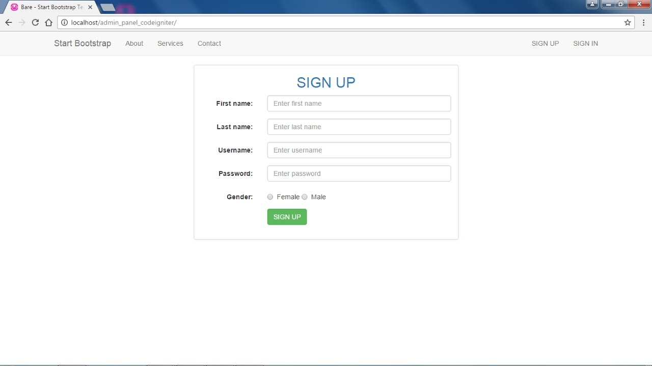 Codeigniter Admin Panel -- Creating signup page bootstrap