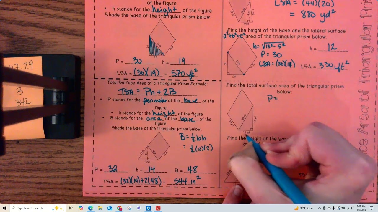 Lesson 10.2 Notes - Surface Area of Triangular Prisms