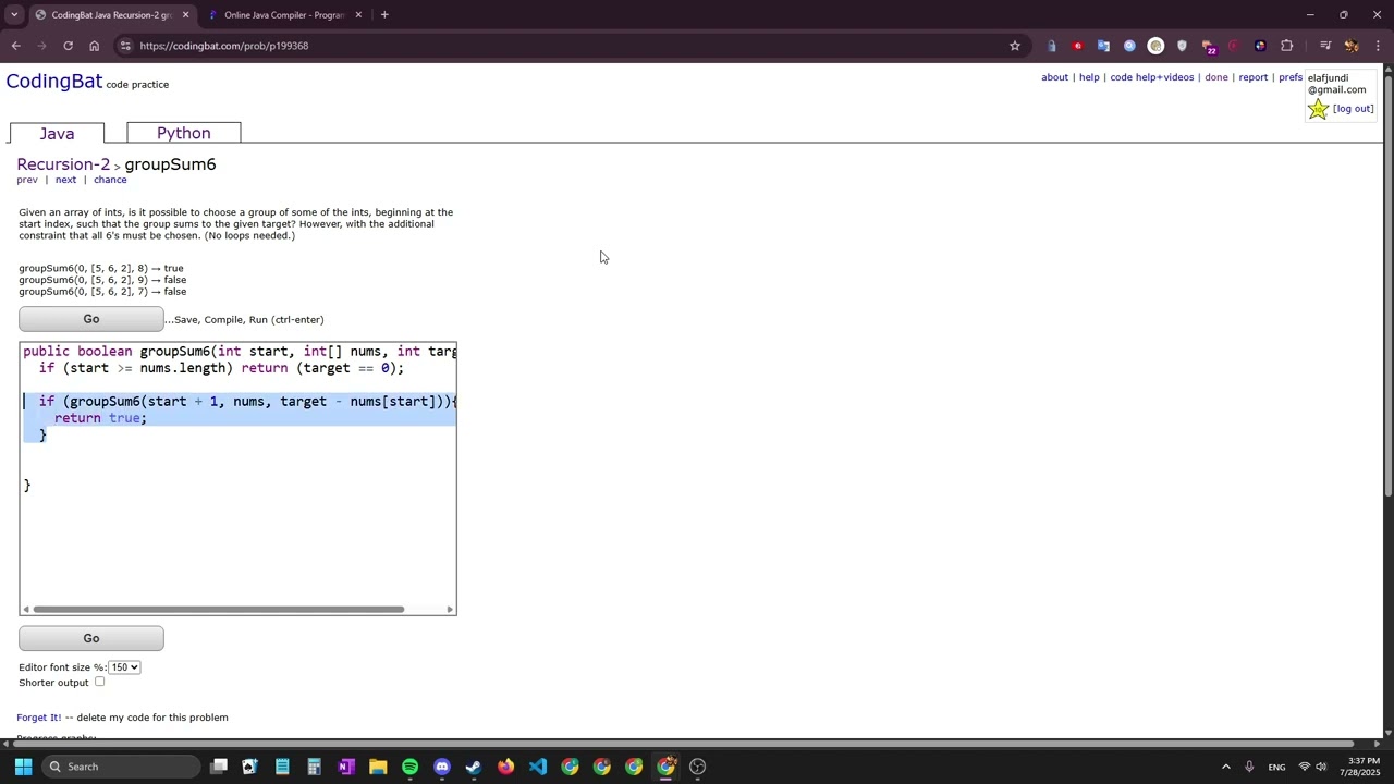 CodingBat groupSum6 (Java, Recursion)