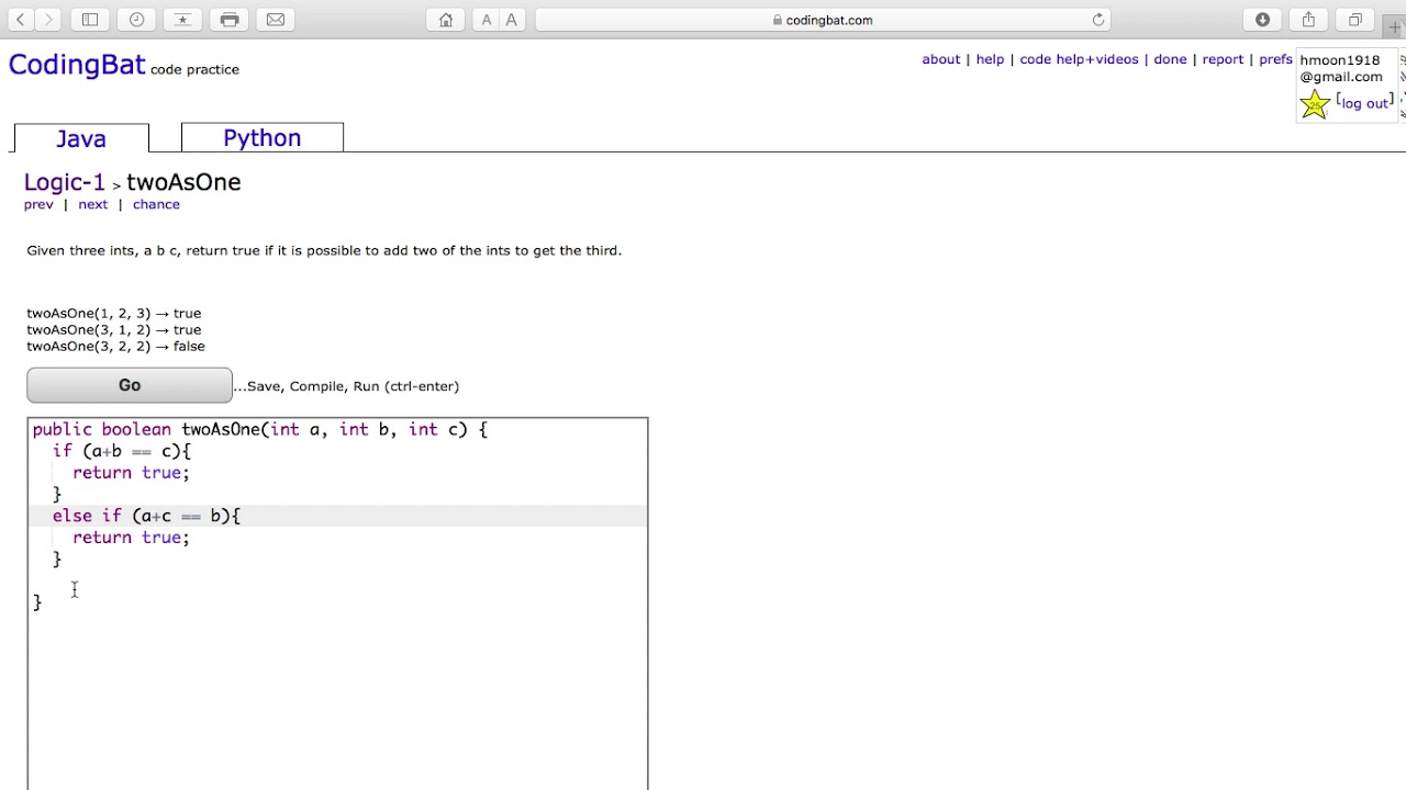 Logic 1 (twoAsOne) Java Tutorial || codingbat com