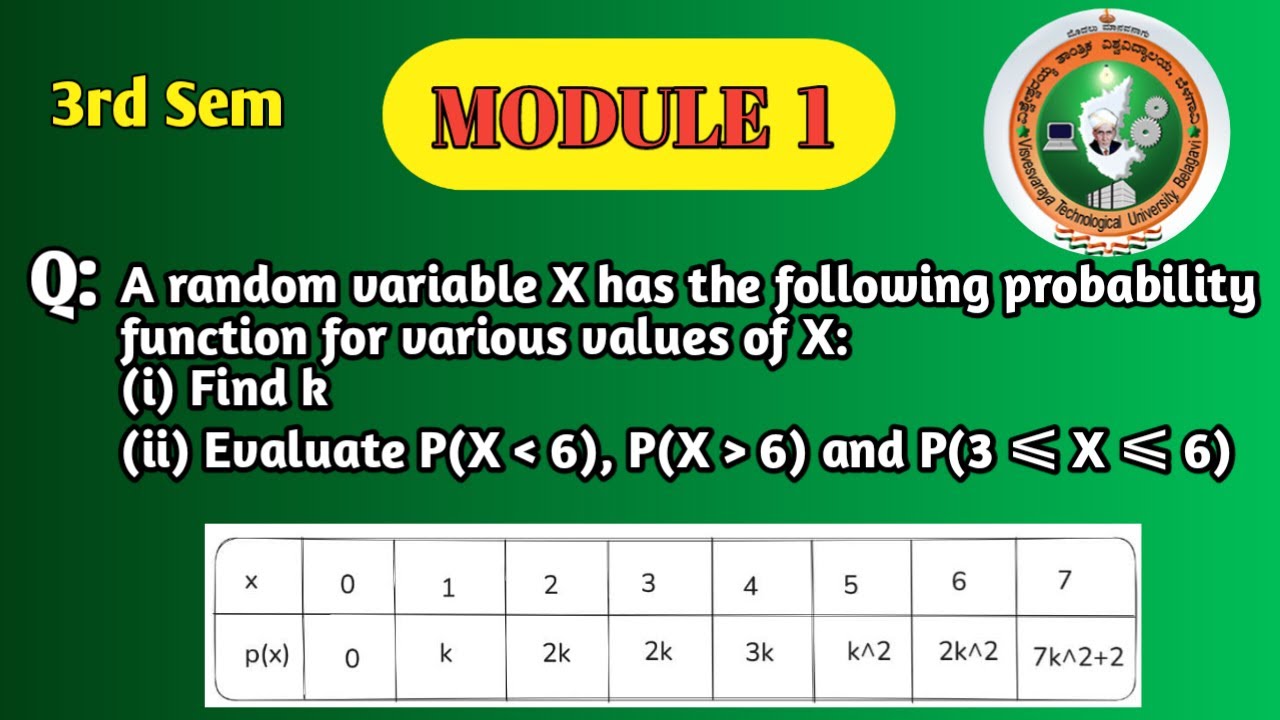 VTU 3rdSem BCS301 Maths Module 1 Probability Distribution|Random Variable Find k and P X less than 6