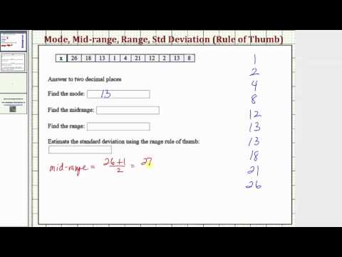 Ex: Mode, Mid-range, Range, Standard Deviation Using Range Rule of Thumb | Math Help from ...