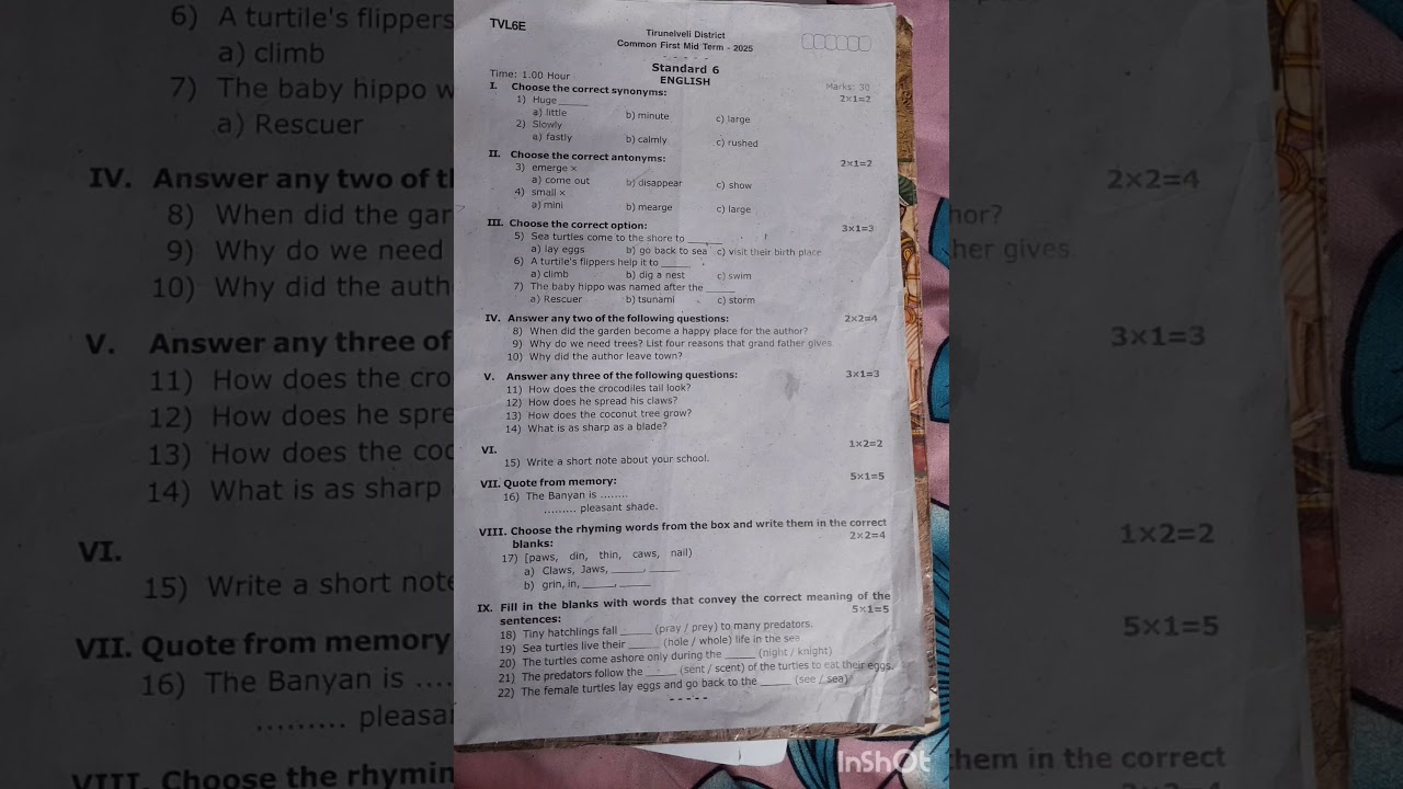 6th standard english 1st mid term question paper  2025#exam #questionpaper #students #examtips