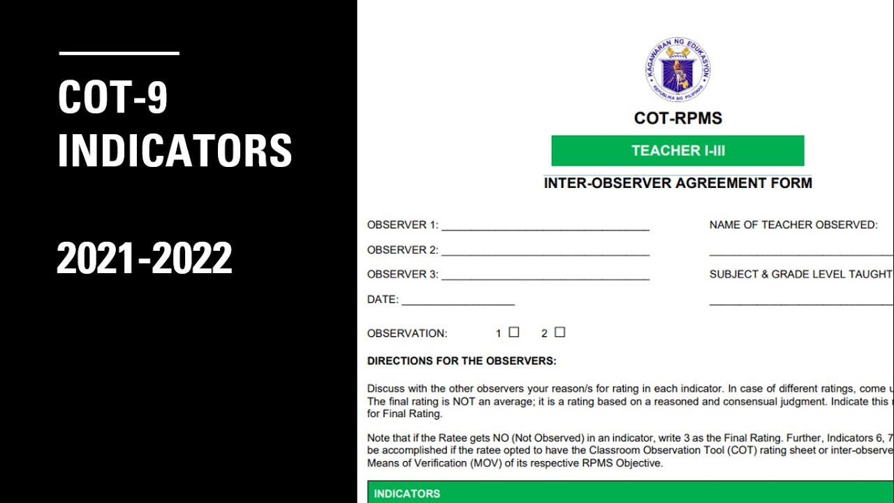 COT- INTER OBSERVER AGREEMENT FORM with 9 INDICATORS