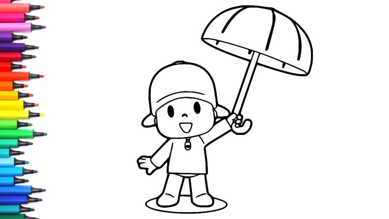 Pocoyo Holding Umbrella 🌂 Drawing, Painting & Coloring For Kids and Toddlers_ Kids Art 