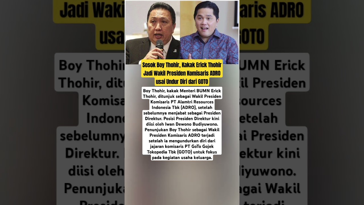 Sosok Boy Thohir, Kakak Erick Thohir Jadi Wakil Presiden Komisaris ADRO usai Undur Diri dari GOTO