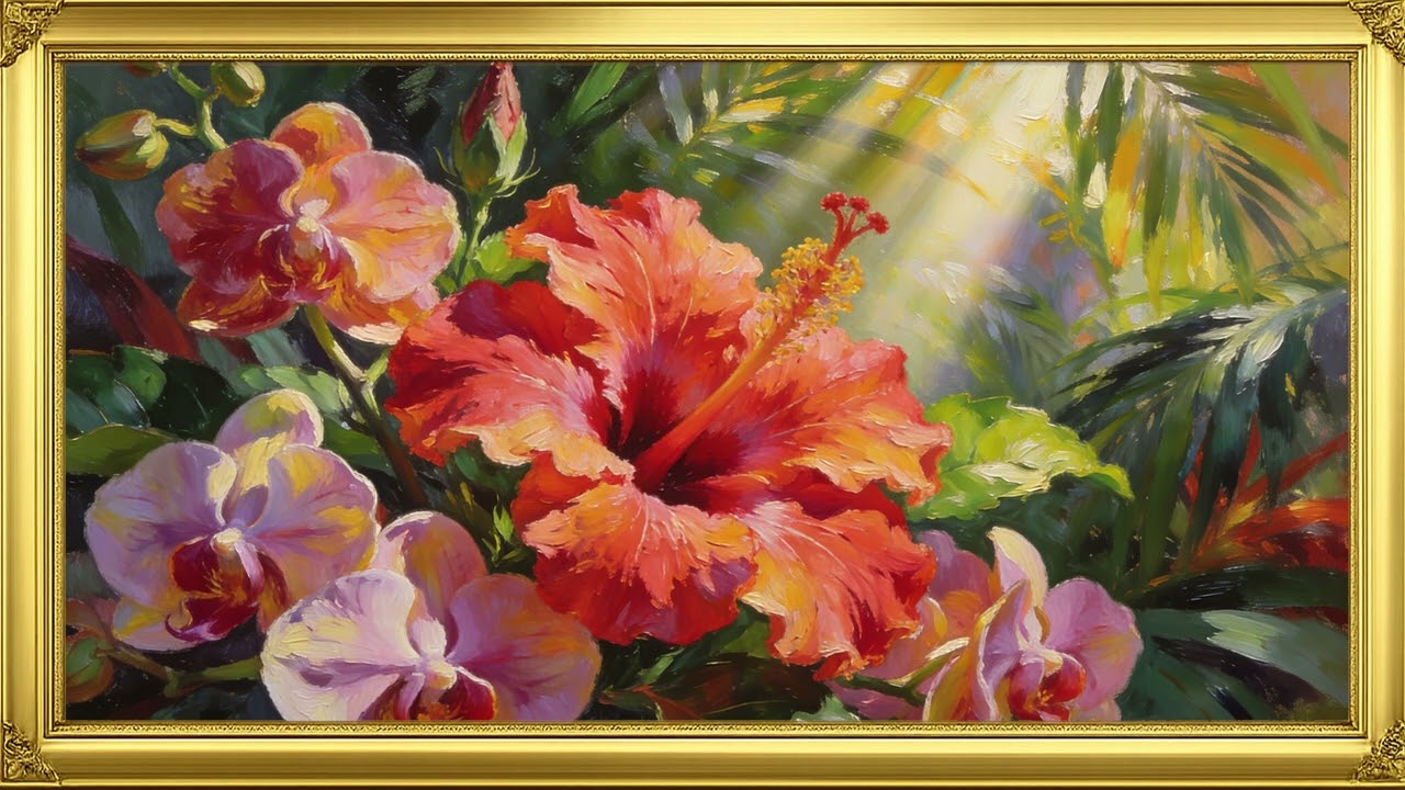 Lush Tropical Flower Garden | Golden Light & Exotic Blooms | Soft Piano | Ambient Screensaver 4K