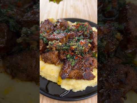 Butter garlic steak bites and mashed potatoes