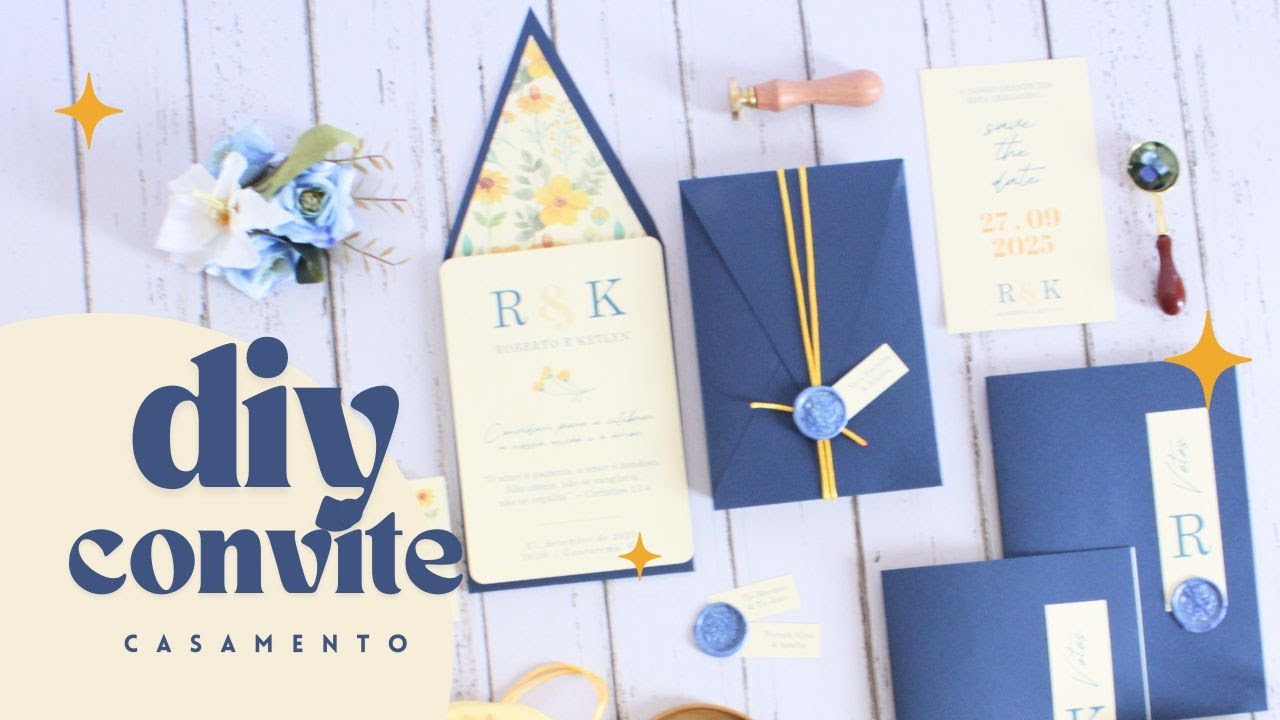 DIY Convite de Casamento Fácil | Passo a Passo com Molde Grátis! | Casamento Azul & Amarelo