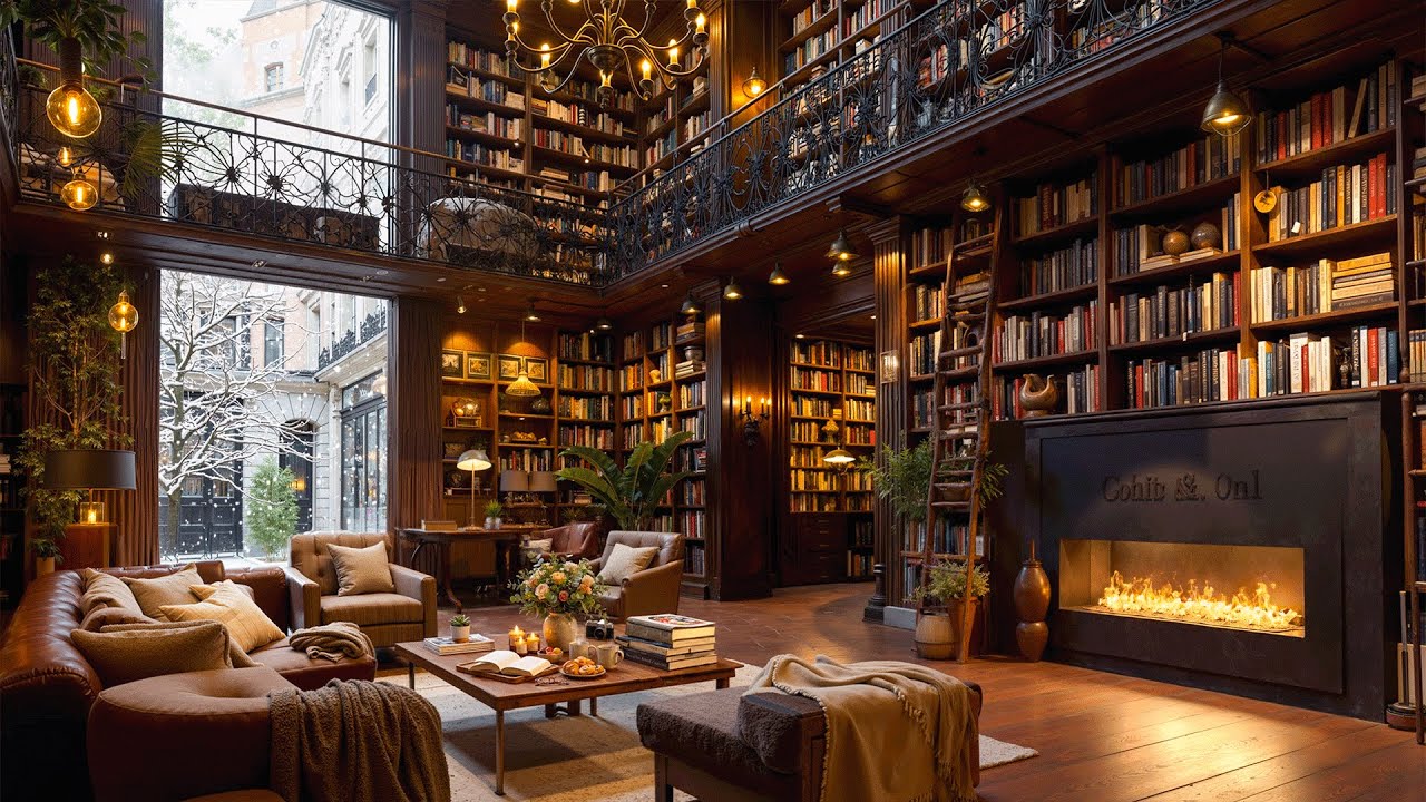 Relaxing Winter Day at Cozy Bookstore Cafe Ambience ☕ Soft Jazz & Fireplace Sounds for Work, Focus