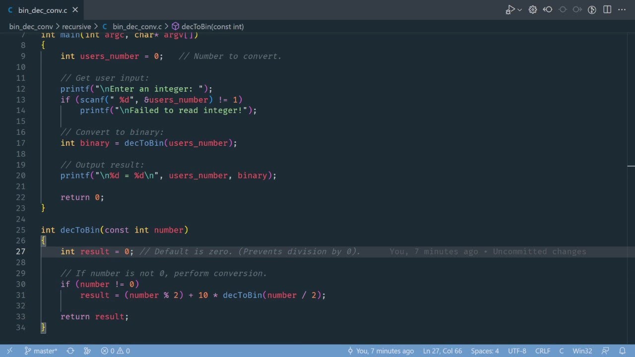 C: Decimal to binary conversion using a recursive function.
