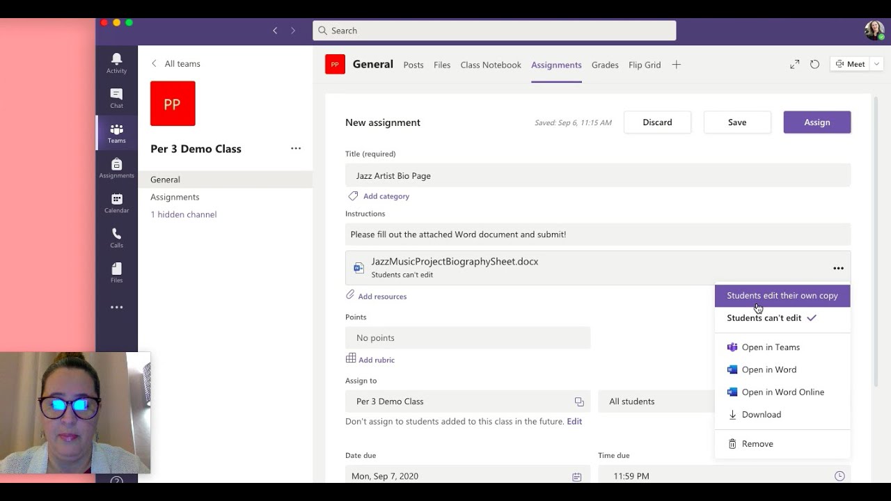 Creating an assignment students can edit in Microsoft Teams