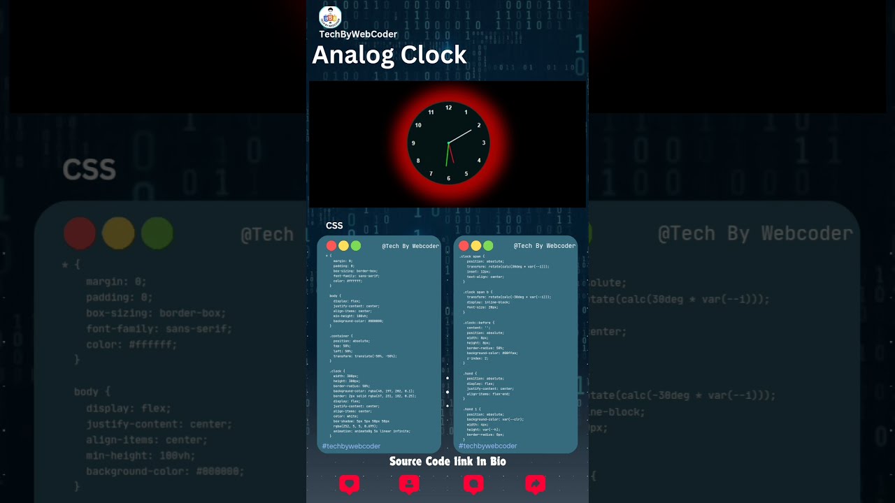 Analog Clock Using Html,Css And Javascript|| Source Code Link In Description ||