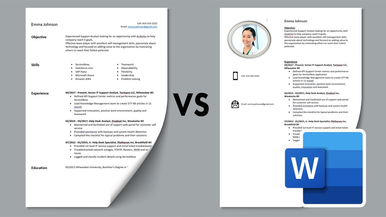 Traditional vs Picture Resume in Word [ +FREE Resume DOCX File Download ]