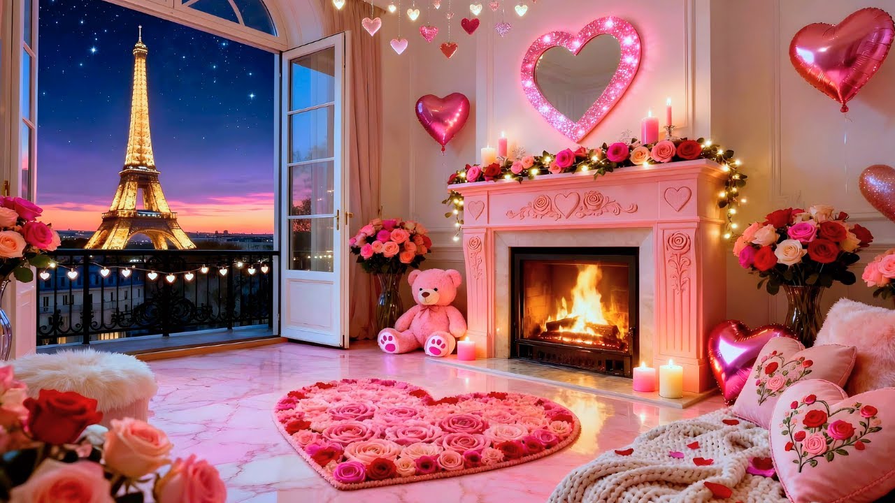 💘 Pink Valentine’s Paris Ambience 💕 Cozy Fireplace, Eiffel Tower & Romantic Piano Music | 4K