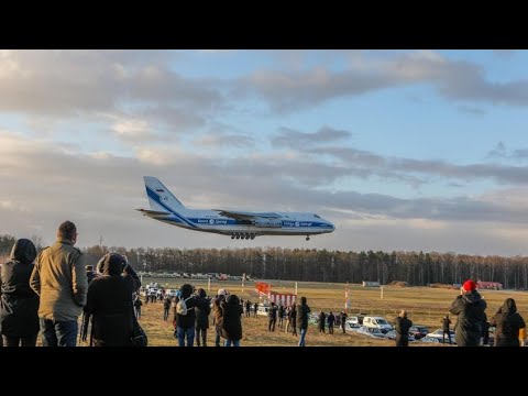 Antonov 124 at Nuremberg Airport NUE in spring time 2022. Landing and Take off.