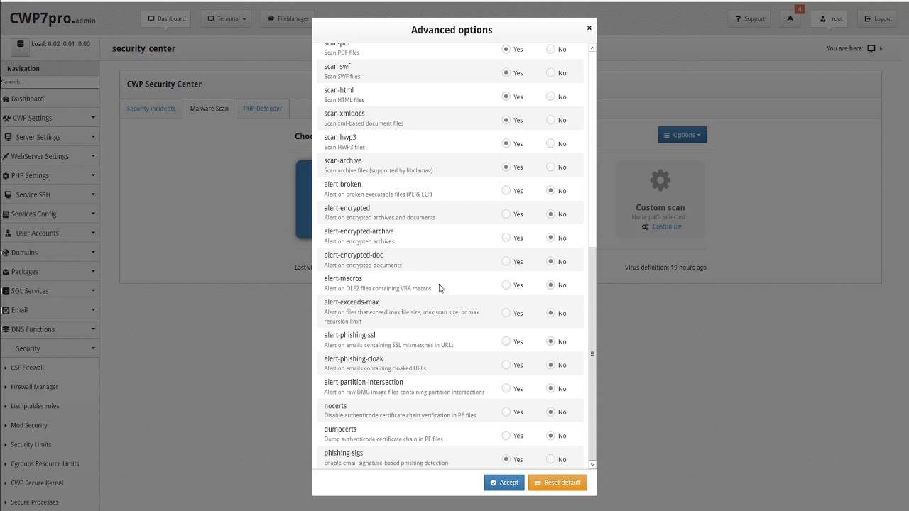 CWP - Admin Panel: Security Center
