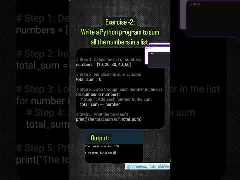 Python Exercises for beginners | Python loop | Sum all the numbers in a list #python #loop